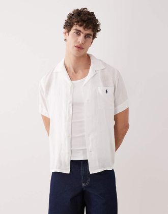 Polo Ralph Lauren Chemise manches courtes en lin &agrave; logo embl&eacute;matique - Blanc