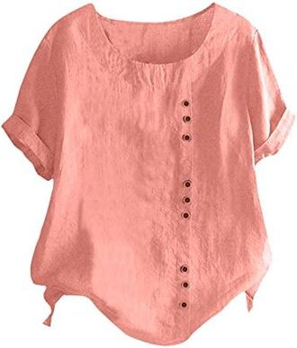 Generic Ventes Flash Vetement Femme Ete Solde HUIFUAO Chemises pour Femme à Manches Courtes en Coton et Lin pour Femme - Haut dété Basique de Couleur Unie à c