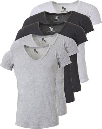 Young & Rich Herren Uni T-Shirt mit extra tiefem V-Ausschnitt Slimfit Stretch Dehnbare Passform einfarbiges Basic Shirt - 5er Pack, Gr&ouml;sse:3XL, Farbe:2 x Grau / 2 