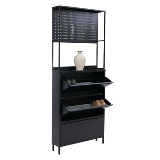 Mendler Schuhschrank HWC-O86, Schuhregal Schuhkipper, 3 Kippf&auml;cher Ablage Haken Metall 201x80x20cm - schwarz