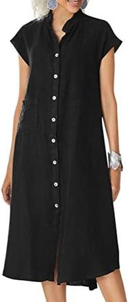 ORANDESIGNE Robe Femme Ete Mi Longue Fluide De Soirée Chic Et Elegant Ample Tunique Légère Robe Chemise avec des Boutons Devant Lin Robe Droite Midi De Plage au G