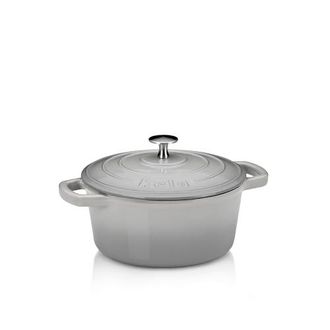 KELA Gusseisen Bräter rund 2,5 Liter, Dutch Oven CALIDO, Induktion Gussbräter mit Deckel, Gusseisen Topf Brot backen, emailliert, hellgrau