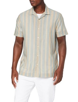Find. Herren Kurzärmeliges Baumwollhemd, Grün (Grün/Ecru Streifen), S, Label: S
