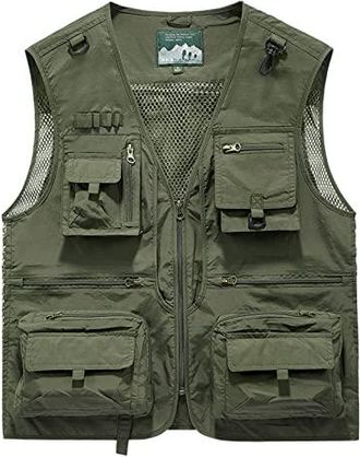 Generic Gilet de pêche en maille légère et respirante pour homme avec fermeture éclair et poches multiples, Vert, 6XL