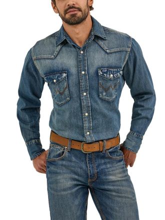 Wrangler Herren Westernhemd mit Langen Ärmeln, Druckknopfverschluss, Gewaschene Oberfläche - Blau - X-Groß