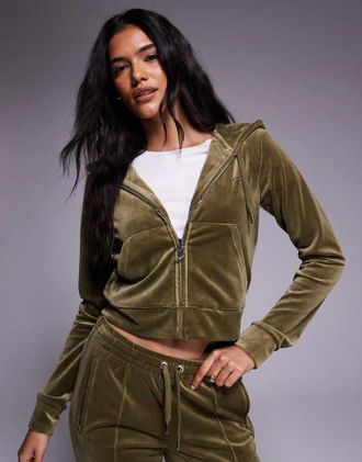 Juicy Couture Kapuzenjacke in Khaki mit Rei&szlig;verschluss und Strass-Logo, Kombiteil-Gr&uuml;n