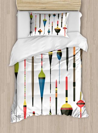 Abakuhaus Angeln Theme Bettbezugs Set für Einzelbetten, Bunte Rods Muster, Milbensicher Allergiker geeignet mit Kissenbezug, 130 x 200 cm, Mehrfarbig Braun