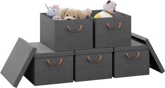 Woltu Boîte de Rangement Pliable, Lot de 5 Paniers de Rangement en Tissu Non-Tissé, avec Poignées et Couvercle, pour Vêtements et Jouets, Gris, 43x33x26cm