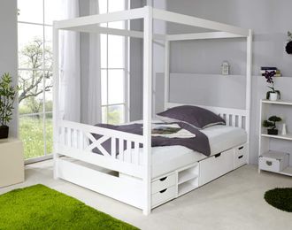 Ticaa Kinderbett Himmelbett mit Schubkasten 140x200 cm, f&uuml;r Jungen & M&auml;dchen, Montessori Bett wei&szlig; aus Kiefer Massivholz