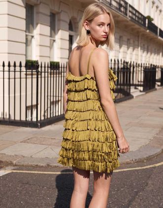 Asos robe courte en satin &agrave; franges ruban-Vert