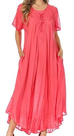 Sakkas 16603 - Robe caftan longue brod&eacute;e Egan/Couvrez-vous avec des mancherons brod&eacute;s - P-RosePink - OS