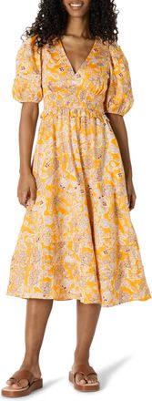 Amazon Essentials Damen Mittellanges Kleid Aus Baumwollsatin Mit Puffärmeln In Normaler Passform, Goldgelb Beige Mehrfarbig Folk-Blumenmuster, XXS