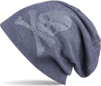 styleBREAKER Klassische Beanie M&uuml;tze mit Totenkopf Strass Applikation, Unisex 04024034, Farbe:Jeansblau meliert, Materialart:warm
