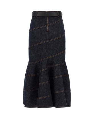 Self Portrait Womens Skirt Midi Belted Denim Blue Main: Cotton