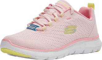 Skechers Flex Appeal 5.0 Damen-Sneaker, knöchelfrei, Rosa Netzstoff, gelber Besatz, 35.5 EU