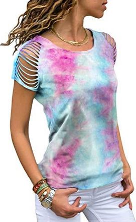 ORANDESIGNE T-Shirt Femme à Manches Courtes Tie Dye Grande Taille Été Ample Casual Tee Shirt Top Col en V Imprimé Colorées Mode Blouse Haut 02 Bleu Clair 42
