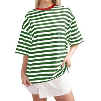 Generic T-shirt &agrave; rayures d&eacute;contract&eacute; pour femme avec col rond et manches courtes pour le printemps. T-shirt ray&eacute; minimaliste et confortable, vert, M