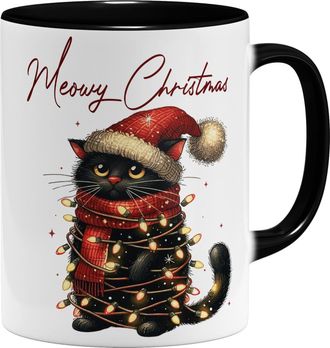 OM3 Meowy Christmas Kaffee-Tasse mit s&uuml;&szlig;em K&auml;tzchen - Weihnachtstasse Katze - Keramik Becher - 325ml - Beidseitig Bedruckt - Schwarz