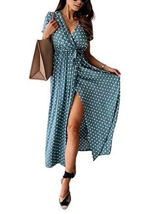 Minetom Femme Polka Dot Robes Longues &Agrave; Manches Courtes V Cou Robe Portefeuille Robe Longue Boheme Sexy Chic Casual Maxi Robe de Plage Soir&eacute;e Bleu 3XL