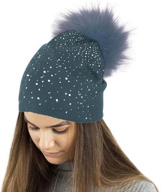 TOSKATOK Ladies Fine Knit Winter Beanie Hat with Diamante Glitter Applique and Large Faux Fur Pompom-1