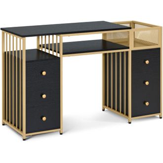 MCombo M Mcombo Schreibtisch mit 6 Schubladen, Nageltisch aus Holz Metallgestell, Manik&uuml;rtisch Schwarz-Gold, Schminktisch ohne Spiegel Modern, Computertisch