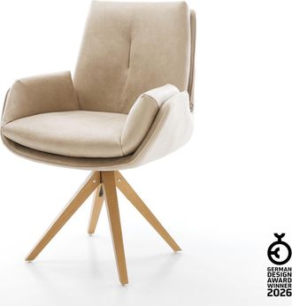 DELIFE Drehstuhl Clea-Flex Mikrofaser Beige Vintage Holzgestell kantig Natur 360&deg; drehbar, Esszimmerst&uuml;hle