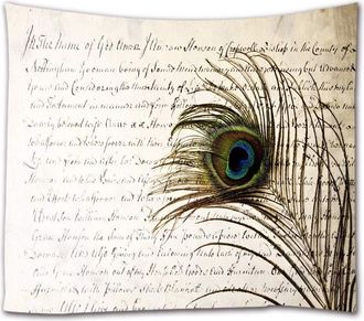 A.Monamour Wanddekor Wandbild Vorhang Wandteppiche Vintage Pfau Feder Alten Englischen Skript Schreiben Kunstdruck Stoff Wandbehang Tapisserie Wanddekore Für Sch