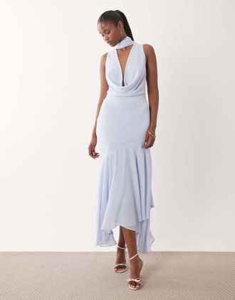 Tfnc Linvit&eacute;e - Robe mi-longue en mousseline &agrave; col b&eacute;nitier et encolure nou&eacute;e - Bleu givr&eacute;