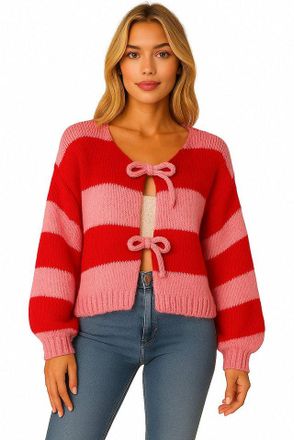 Worldclassca Cardigan WORLDCLASSCA Damen Cardigan Oversize Strickjacke mit Schleife Streifen Neue Kollektion - Stilvolle und gem&uuml;tliche Strickmode f&uuml;r Damen