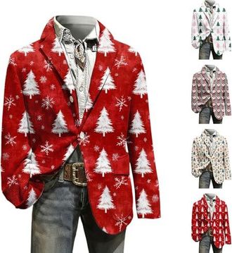 Generic Veste de costume de Noël en velours côtelé pour homme - Blazers amusants à manches longues et revers boutonné - Tenue de Noël décontractée avec poches