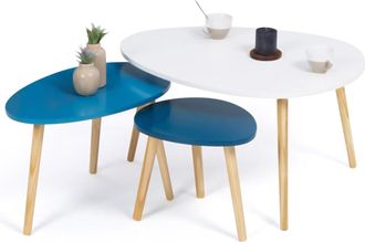 IDMarket Set mit 3 Couchtischen Gaia, lackiert, Weiß / Skandinavisches Blau