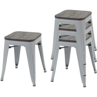 Hhg Neuwertig] 4er-Set Hocker HHG 771 inkl. Holz-Sitzfl&auml;che, Metallhocker Sitzhocker, Metall Industriedesign stapelbar grau