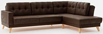 Cavadore Ecksofa Lima mit Ottomane / L-Form-Couch in Wildlederoptik mit Schlaffunktion + Bettkasten / Holzrahmen + Steppung im Rücken / Mikrofaser, Dunkelbraun