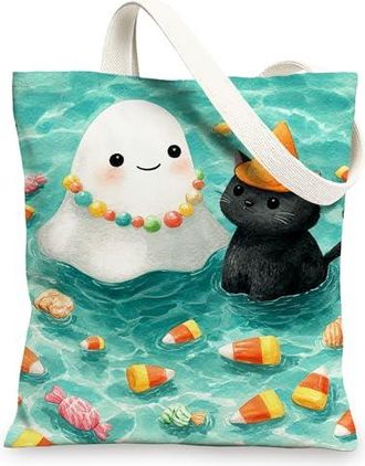 Generic Sac fourre-tout en toile motif fantôme et chat, sac de courses réutilisable, léger et lavable avec bandoulière, bleu sarcelle, 13x15 Inch