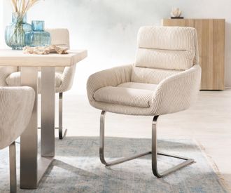 DELIFE Freischwinger Abelia-Flex mit Armlehnen Cord Beige Freischwinger flach Edelstahl, Esszimmerstühle