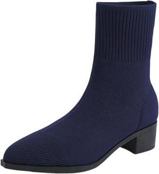 Generic Bottines courtes en tricot extensible pour femme - &Eacute;l&eacute;gantes - Couleur unie - Bout pointu - Respirantes - Talon &eacute;pais - Confortables - &Agrave; enfiler - Sty