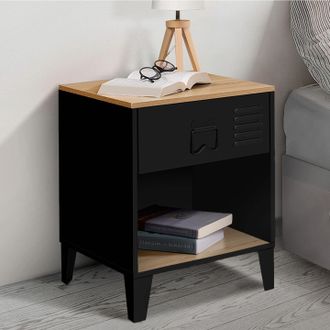 IDMarket Set mit 2 Nachttischen Ester 1 Schublade aus schwarzem Metall mit Nische und Tablett aus Buchenholz Industriedesign