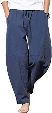 ORANDESIGNE Homme Pantalon en Mélange Coton Large Décontracté Plage Été Léger Confortable Respirant Sarouels Pantalons de Jogging D Marine XXL
