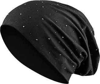 Balinco Jersey Coton élastique Long Slouch Beanie Unisexe Hommes Femmes avec Strass Pierres étoile Casquette Heather en 35 Couleurs différentes (7) (Black)
