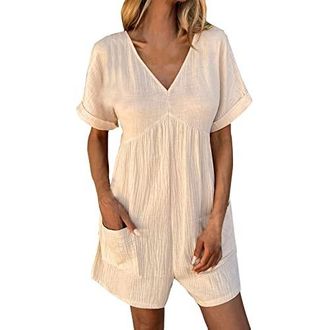 QUINTRA Combinaison femme à la mode avec col en V fixe et fermeture éclair pour dormir pour femme dhiver, Beige., XL