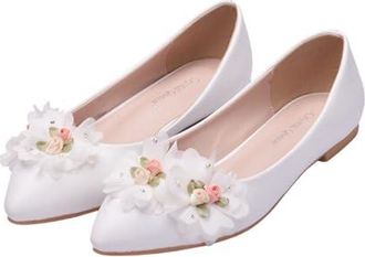 FOMIYES Chaussures de Mariage Plates pour Femmes Ballerines en Dentelle Blanche Noeud D&eacute;coratif Taille 40 L&eacute;g&egrave;res et Confortables pour Mariages et Demoiselles