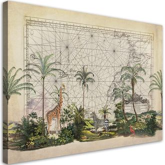 Feeby 1-teilig Vlies Leinwandbild XXL 100x70 cm Karte Palmen Exotisch Dschungel Wandbild Kunst Bilder Schlafzimmer Deko Wohnzimmer Blätter Tiere Natur Grün