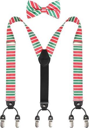Alizeal Ensemble de bretelles élastiques et réglables pour homme avec noeud papillon fantaisie, Rayures vertes, rouges et blanches, taille unique