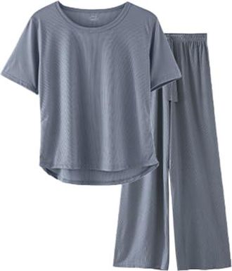 Generic Pyjama en mousseline pour femme : ensemble de v&ecirc;tements de nuit long couleur unie deux pi&egrave;ces &agrave; manches courtes v&ecirc;tements de d&eacute;tente taille &eacute;lastique 