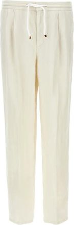 Brunello Cucinelli Homme, Pantalons, Beige, Taille: XL Pantalon teint en pi&egrave;ce en gabardine de lin avec cordon de serrage et double plis