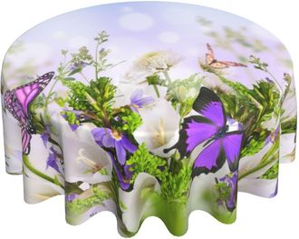AOOEDM Frühlings-Blumen-Tischdecke, rund, 60 Zoll, lila Schmetterling, wasserdicht, Polyester, waschbar, Tischdecke, Blumen-Tischdecke für Küche, Esszimmer, 