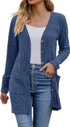 Generic Cardigan long et l&eacute;ger pour femme - Cardigan basique c&ocirc;tel&eacute; - Cardigan d&eacute;contract&eacute; en tricot avec poches - Manteau long de printemps - V&ecirc;tement dext&eacute;r