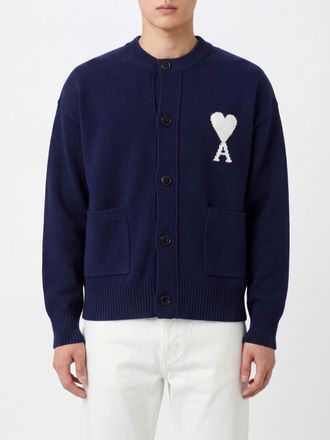 Ami Cardigan en m&eacute;lange de laine et coton avec logo jacquard contrastant