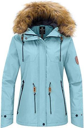 Wantdo Femme Veste de Ski Imperm&eacute;able avec Capuche Fausse Fourrure Manteau dhiver Chaud Veste de Snowboard Outdoor Veste Randonn&eacute;e Travail Coupe-Vent Freesia