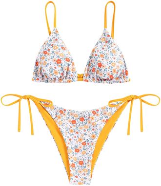 Zaful Damen Gepolstert Triangel Bikini Set, Reversible Blumenmuster Bikini Badeanzug mit Dreieck Cup Spaghetti-Tr&auml;ger (3-Gelb-Blumen,S)